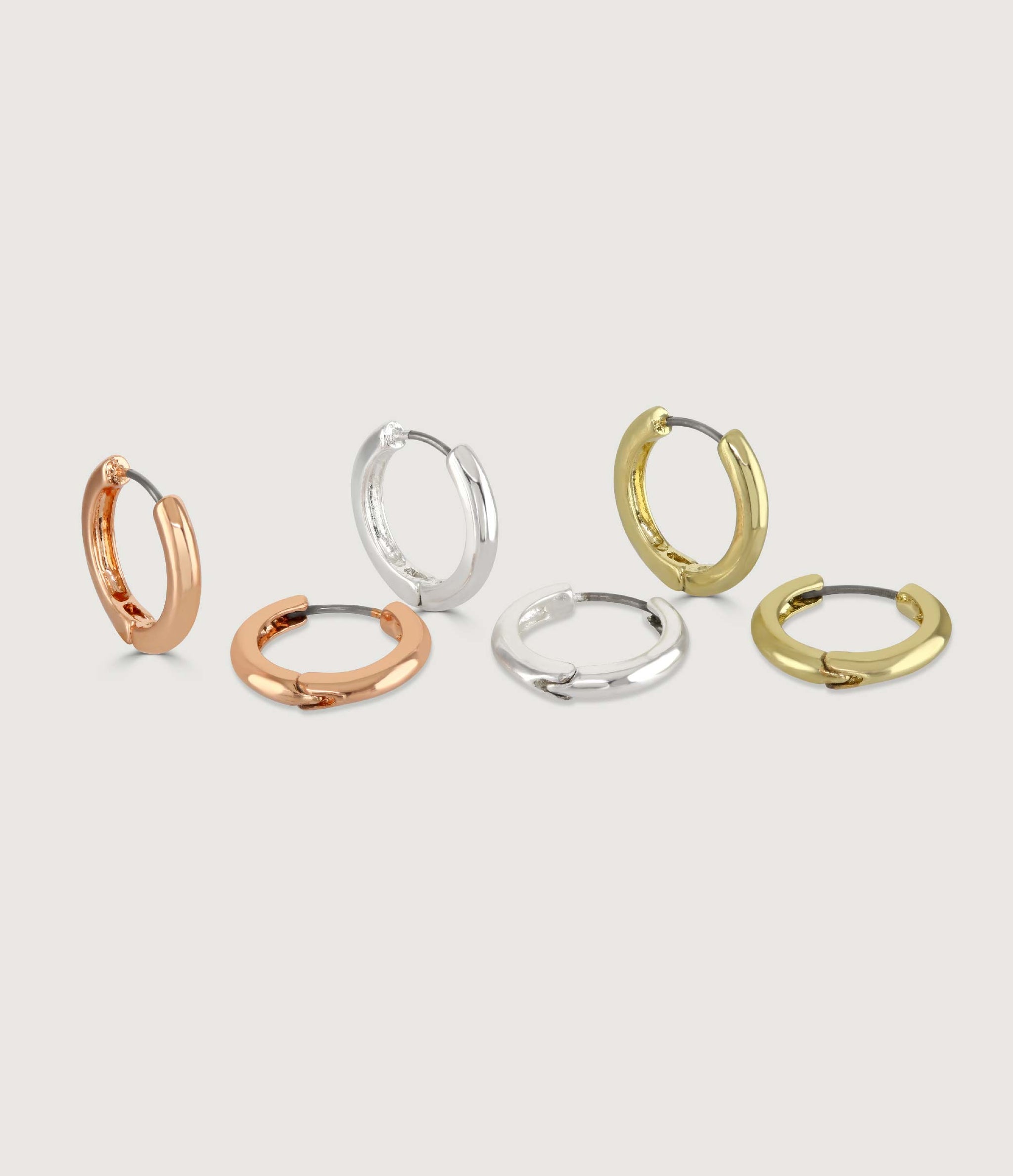 SILVER, GOLD AND ROSE GOLD SET OF THREE HOOP EARRINGS | Buckley London